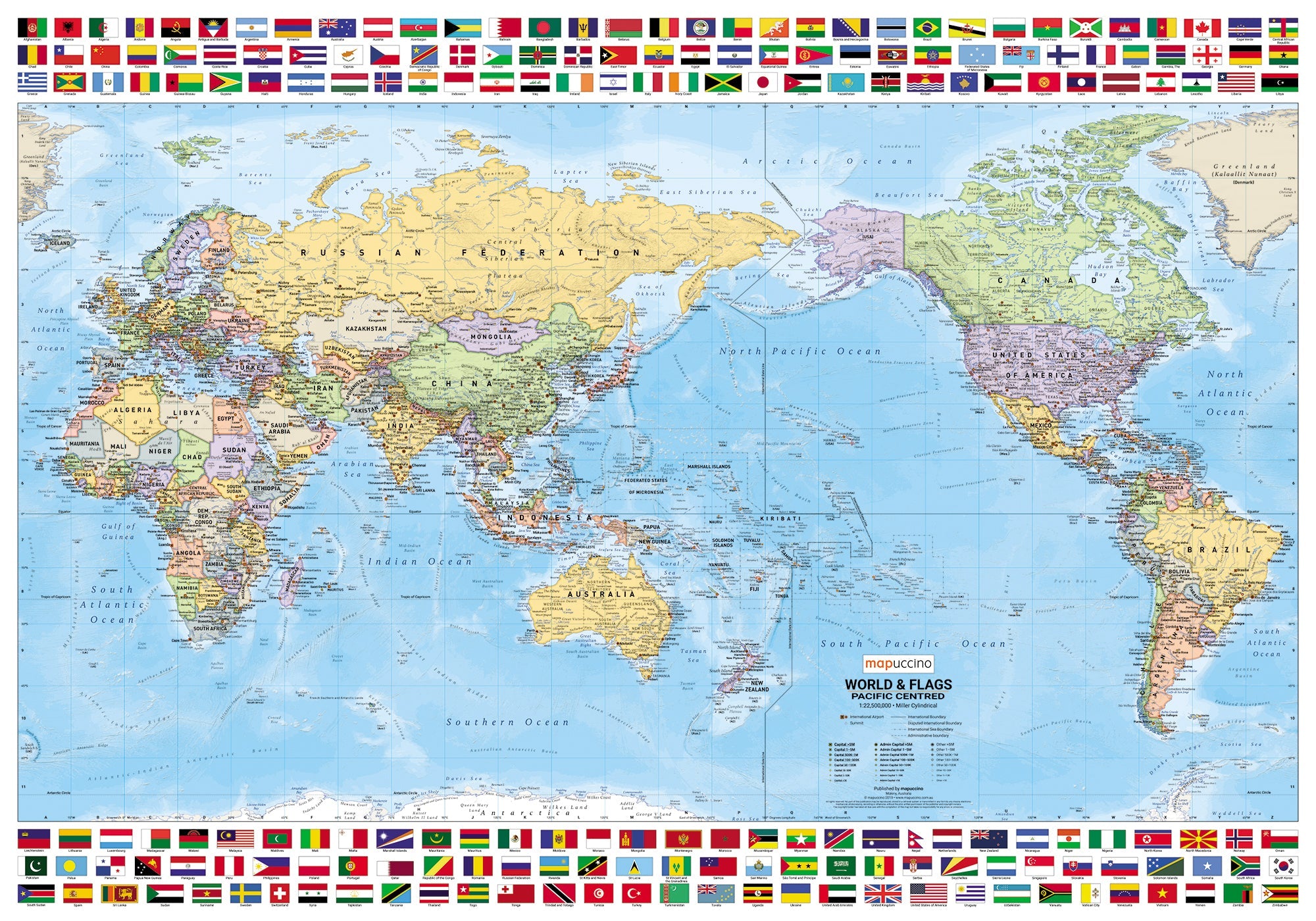 World Political Wall Map, Pacific-Centered with Flags, by Mapuccino ...